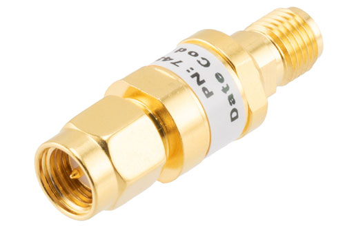 10dB RF fixed attenuator 2W, DC to 26.5GHz, SMA male to female, Brass Gold Plated