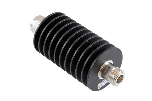 6 dB Fixed Attenuator, N Male to N Female Aluminum Black Anodized Body Rated to 50 Watts Up to ...
